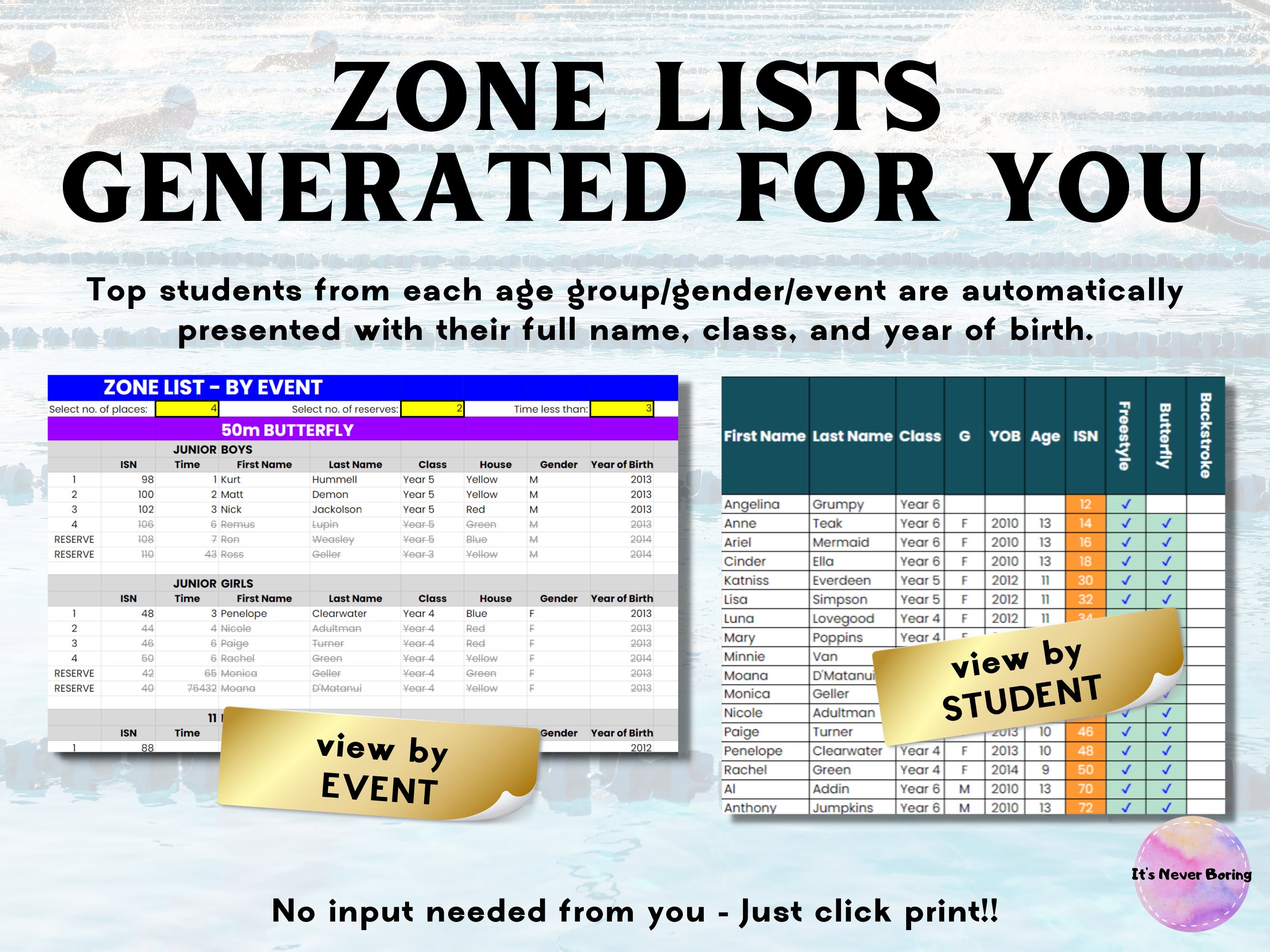 Swimming Carnival Management Tool - PRIMARY | Spreadsheet | School ...