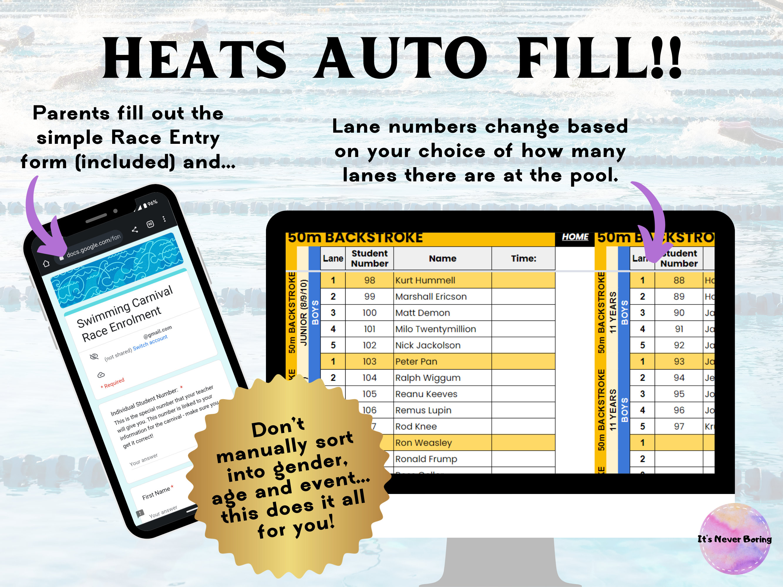 Swimming Carnival Management Tool - PRIMARY | Spreadsheet | School ...