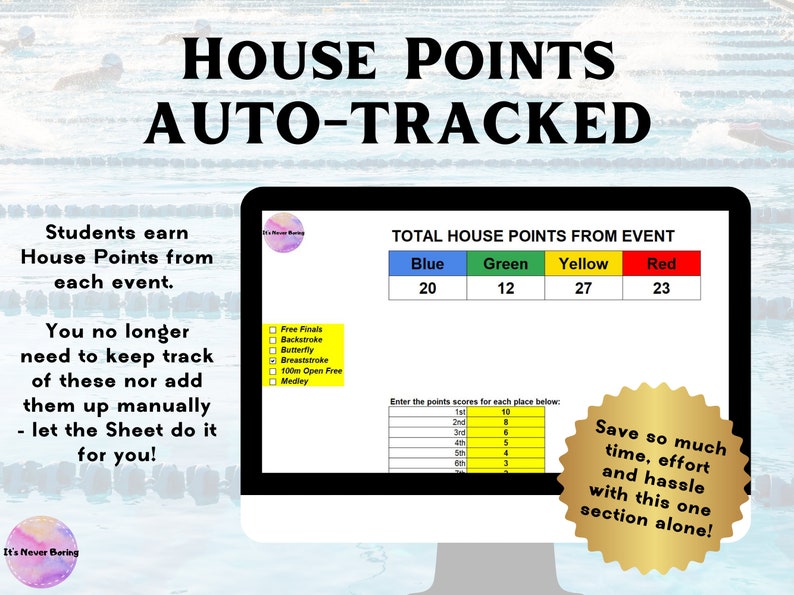 Swimming Carnival Management Tool - PRIMARY | Spreadsheet | School ...