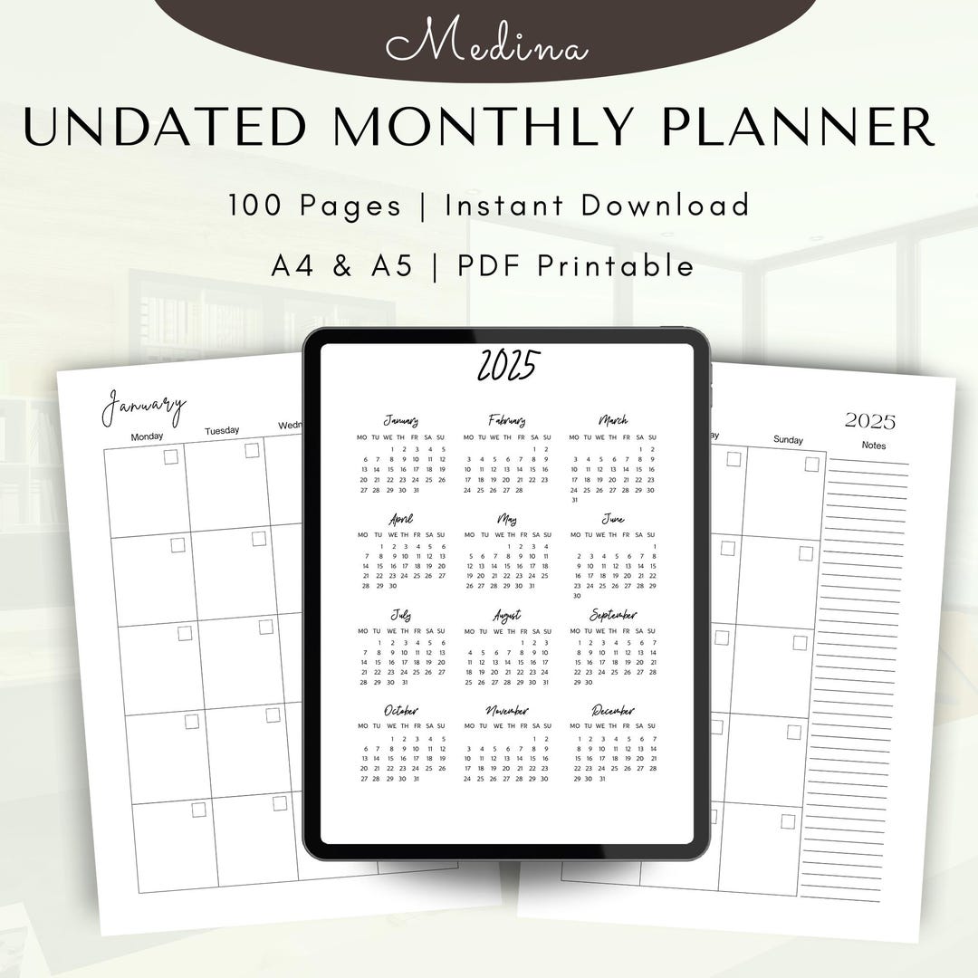 2025 Undated Monthly Planner Printable Calendar Portrait Monday Sunday ...
