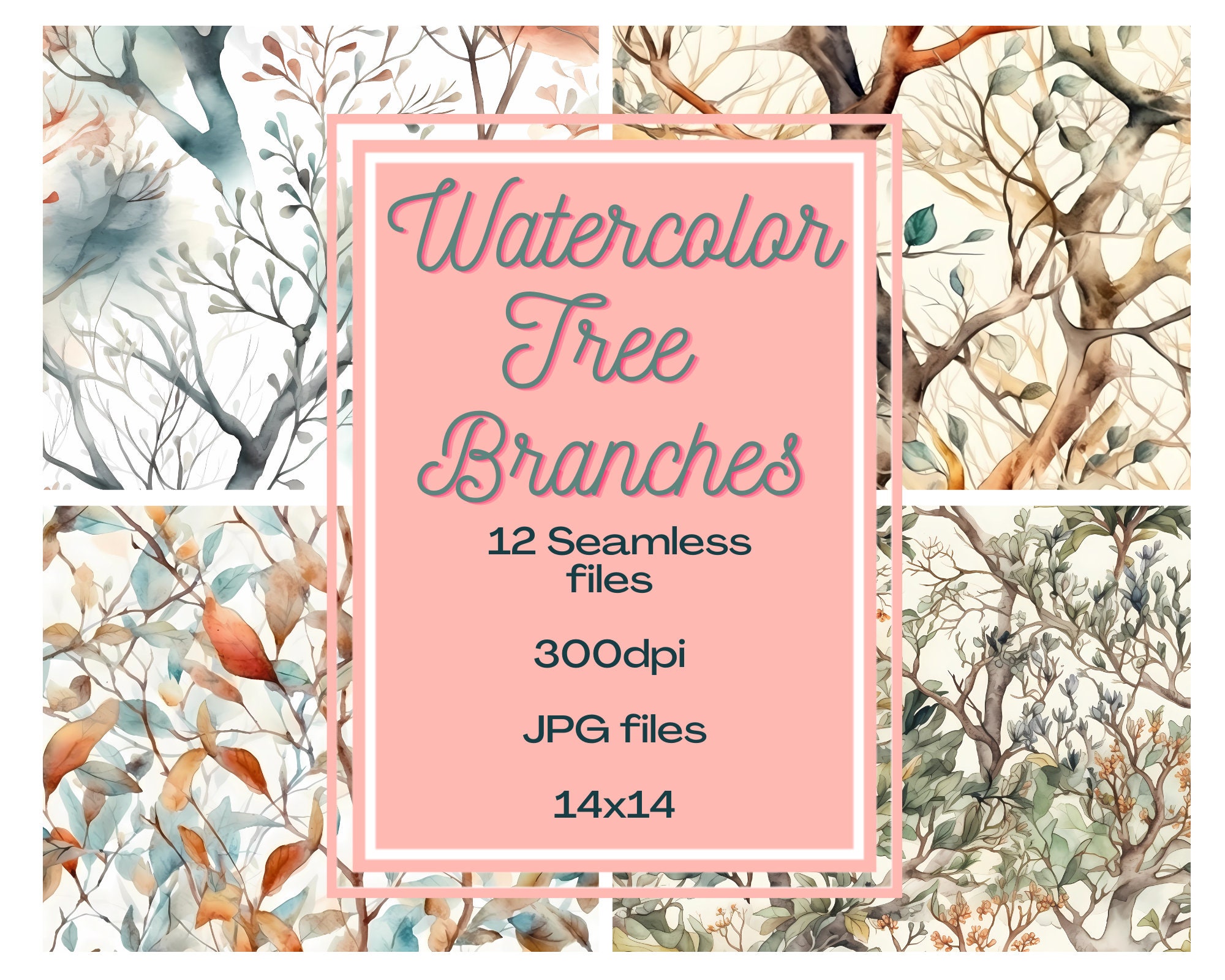 12 Seamless Watercolor Tree Branches for Digital Projects- Pattern ...