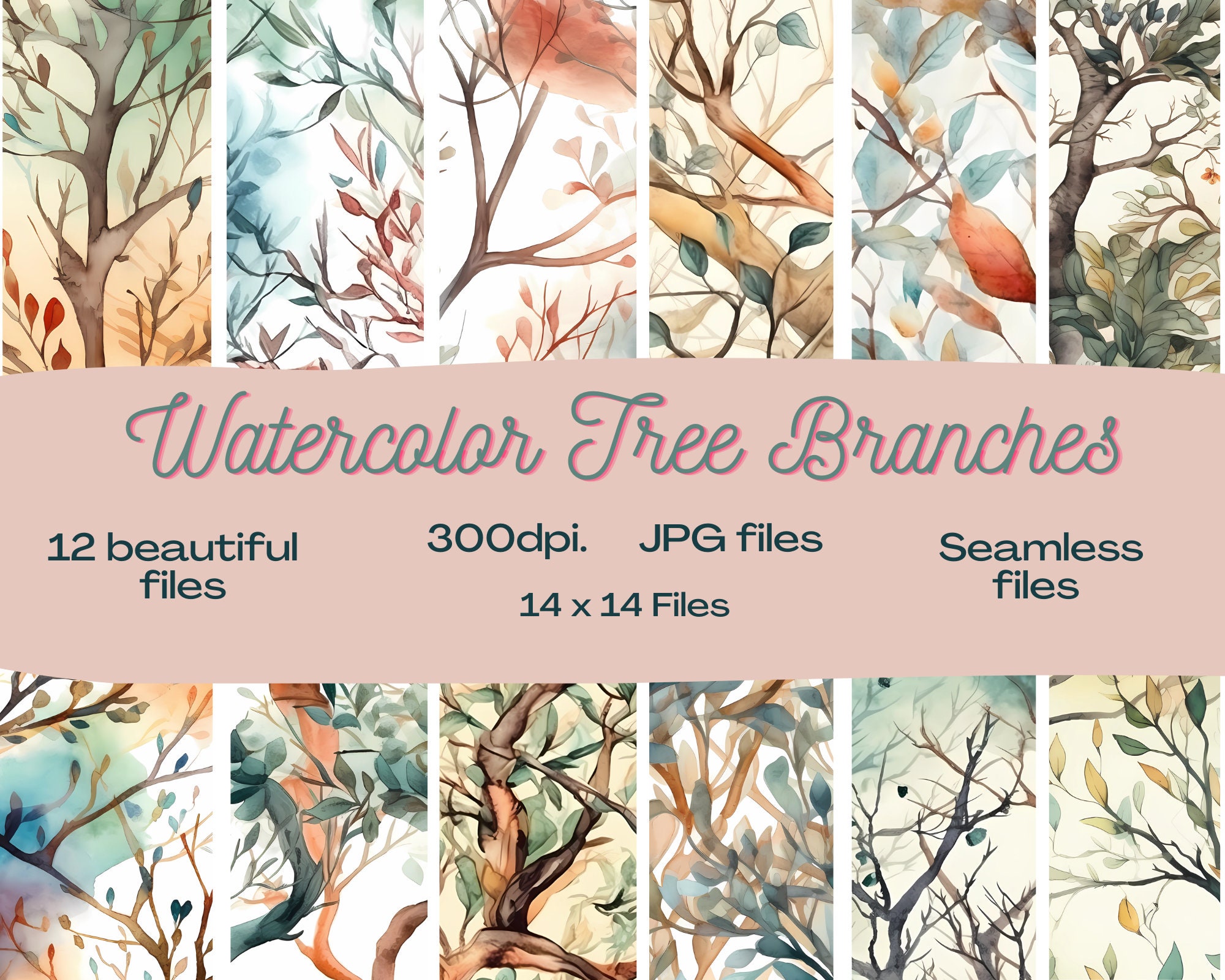 12 Seamless Watercolor Tree Branches for Digital Projects- Pattern ...