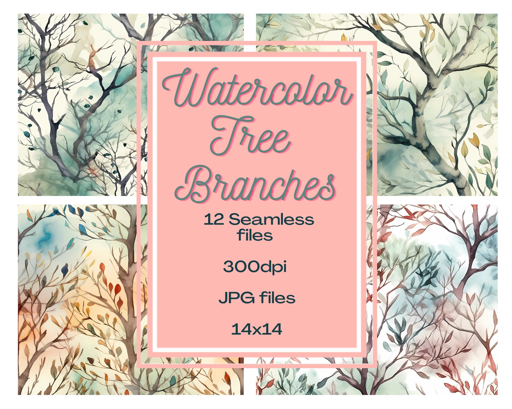 12 Seamless Watercolor Tree Branches for Digital Projects Pattern ...