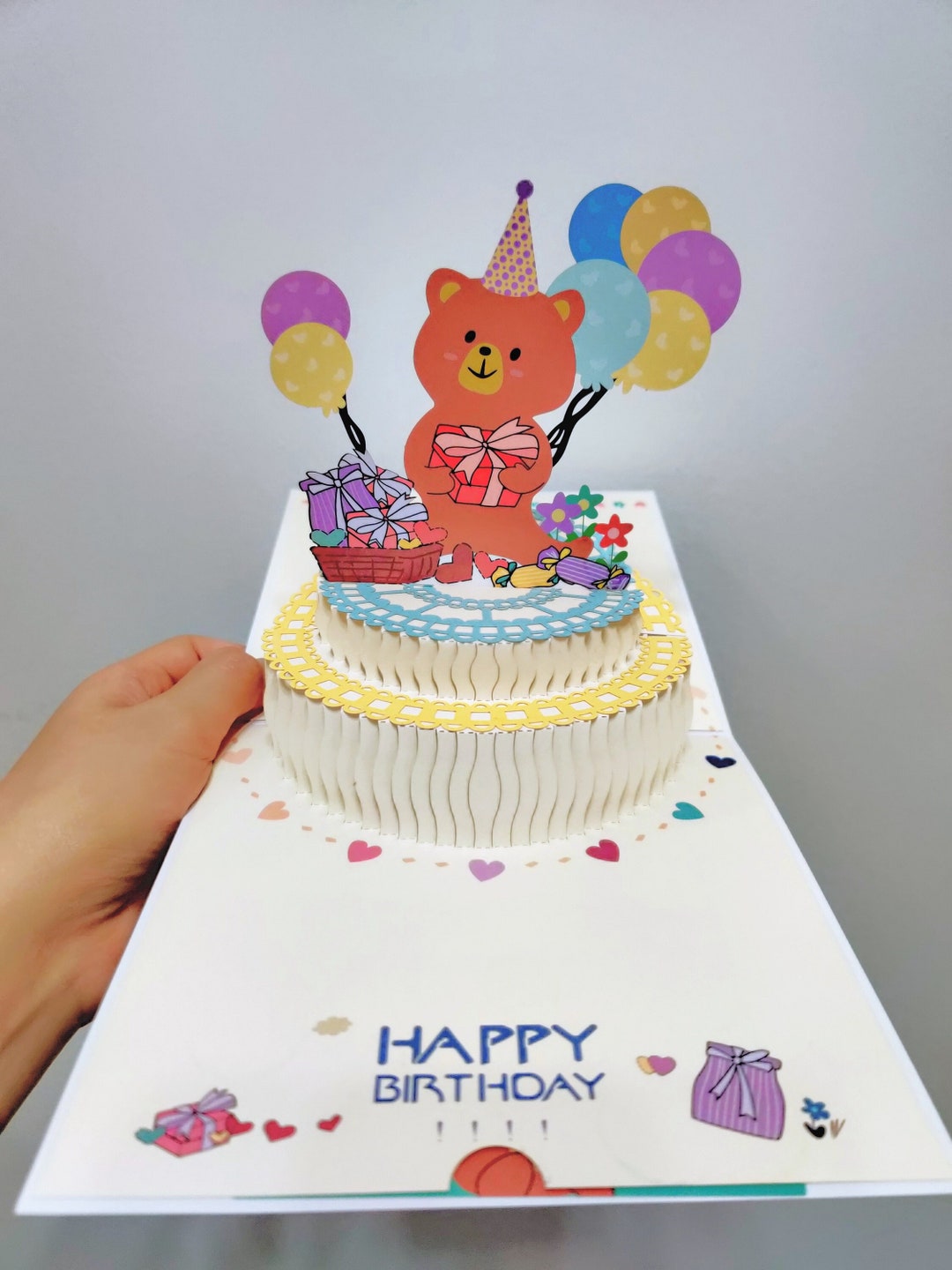 Birthday Bear Cake Pop up Card - Handmade, Balloons - Etsy