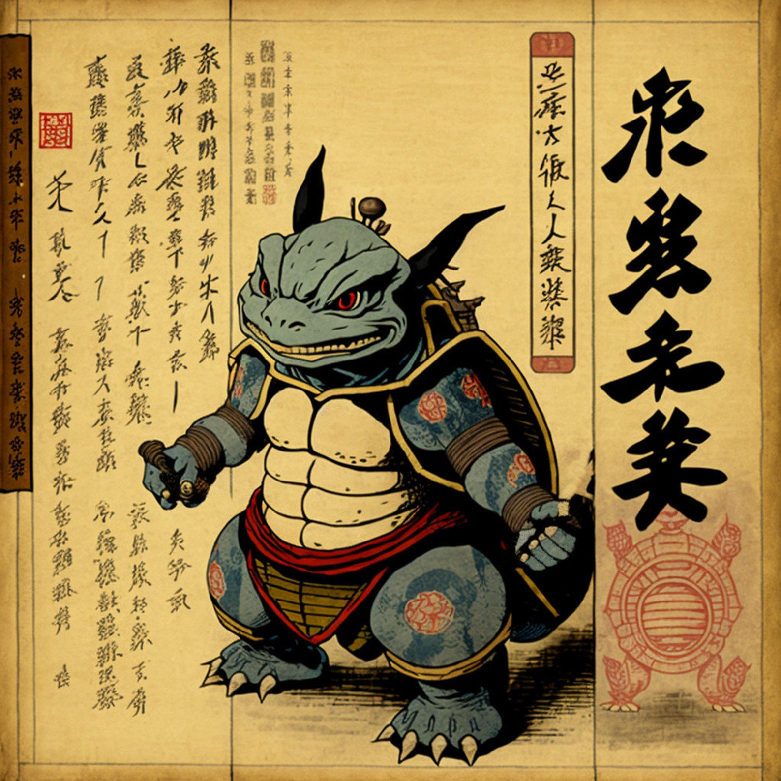 Squirtle, Wartortle and Blastoise Pokemon Wall Art Prints Vintage Ukiyo ...
