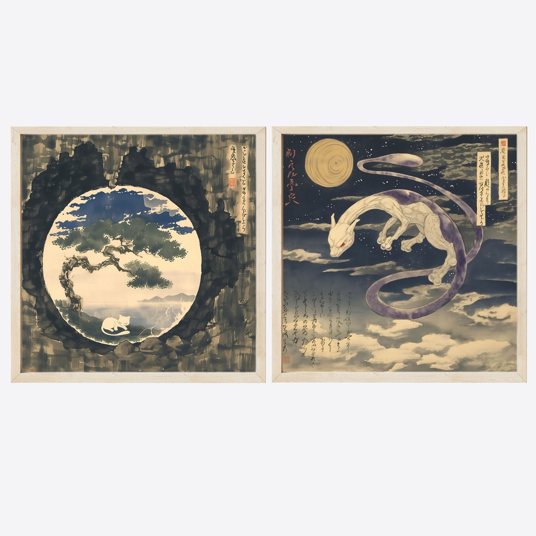 Mew and Mewtwo Pokemon Wall Art Prints - Vintage Ukiyo-e Style ...
