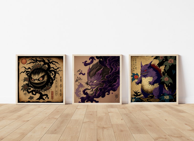 Gengar, Haunter and Gastly Pokemon Wall Art Prints Vintage Ukiyo-e ...