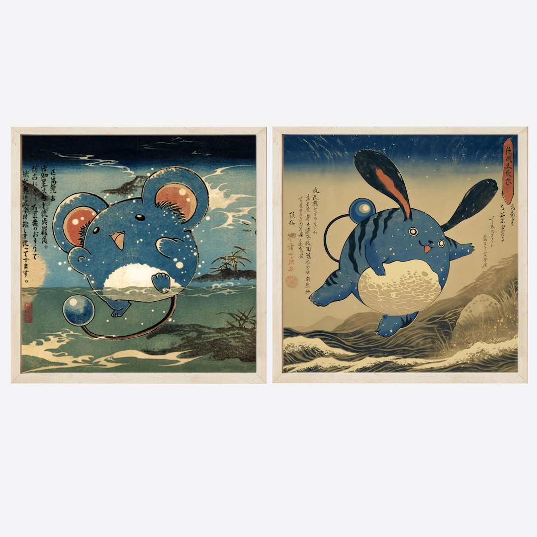 Marill and Azumarill Pokemon Wall Art Prints - Vintage Ukiyo-e Style ...