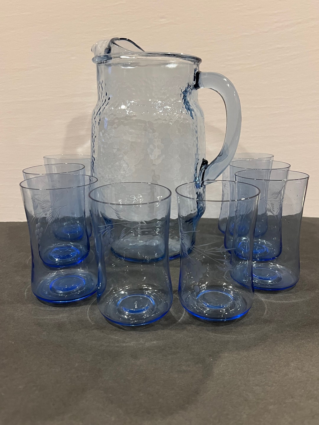 Vintage Anchor Hocking Light Blue C Handle Pitcher Glass Set 8 Cups ...