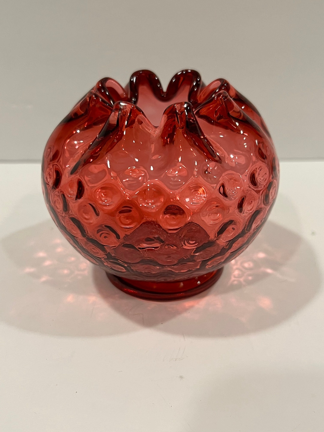 Vintage Fenton Cranberry Glass Vase/bowl - Hobnail Ruffled Edge Rim ...