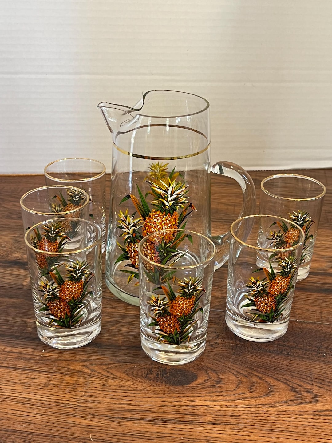 Vintage Pineapple Cocktail Set - 6 Gold Rim Glasses & Pitcher, Tropical ...