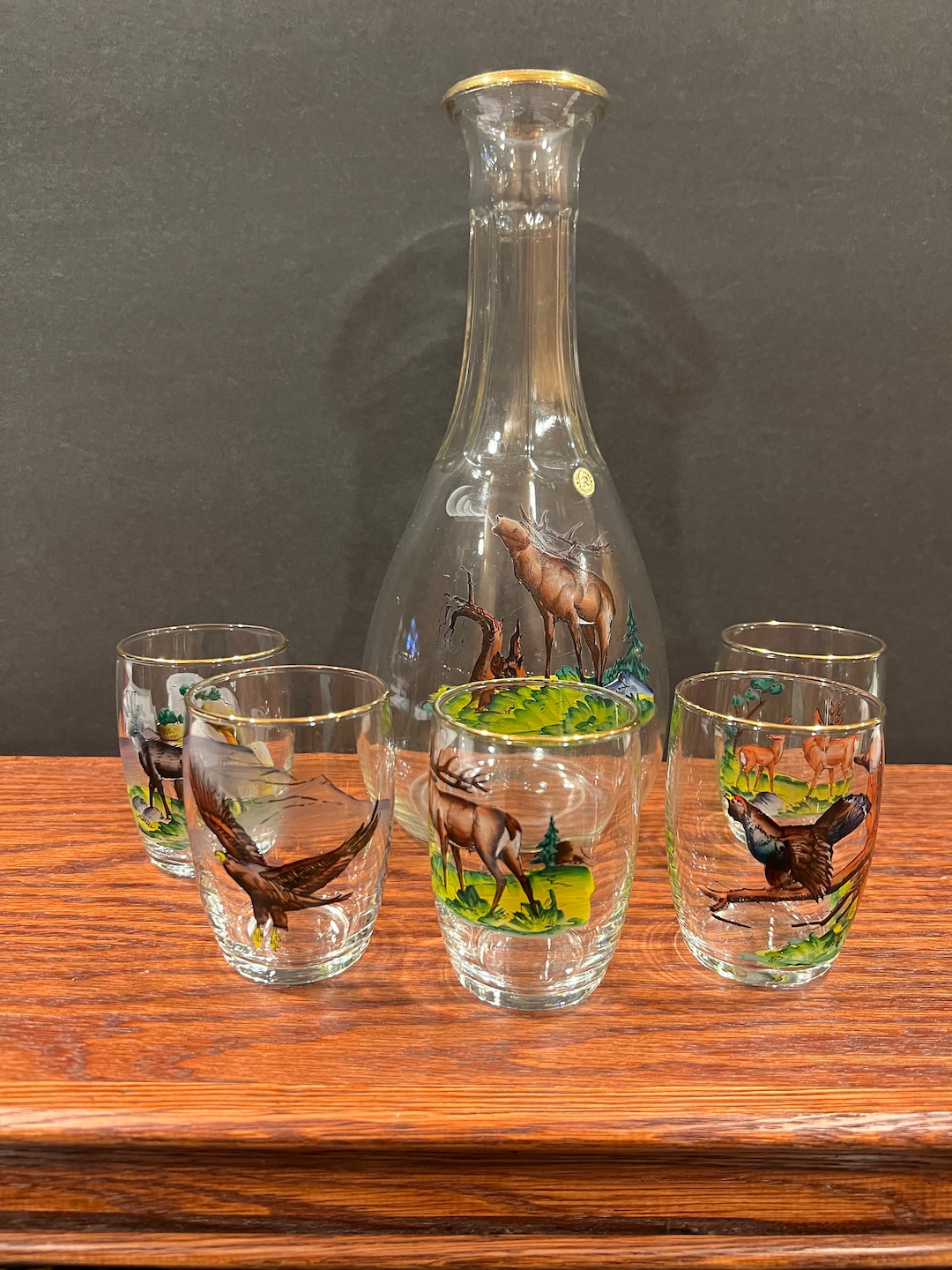 Hand Painted Wild Animal Whiskey Decanter & Glass Set Sportsmen Hunting ...
