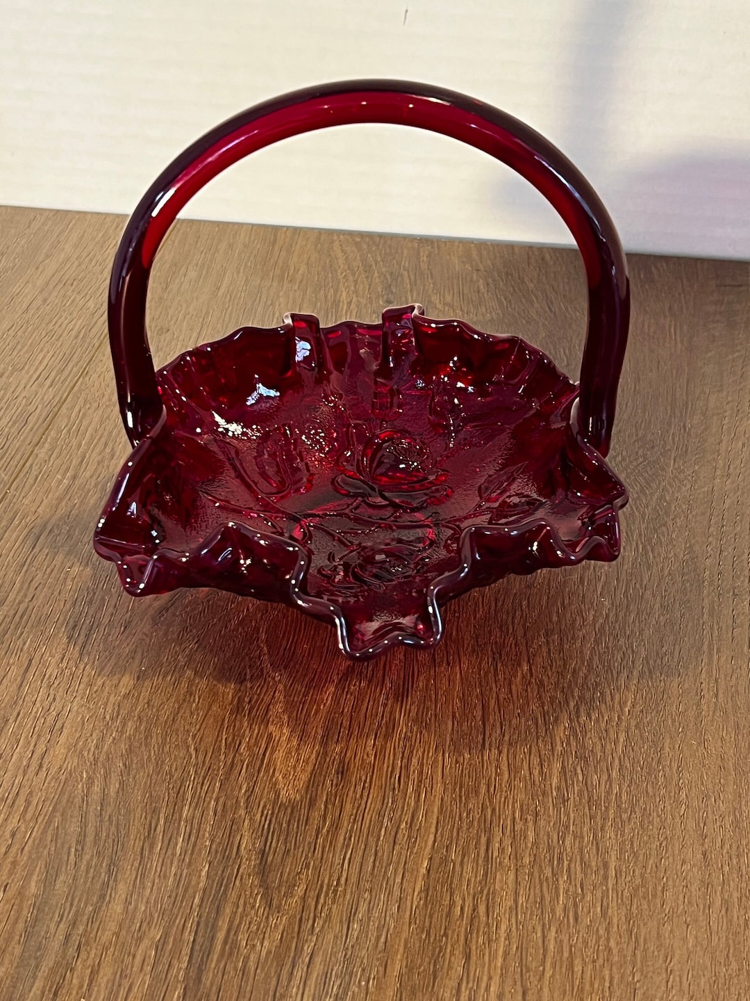 Vintage 1997 Fenton Ruby Red Art Glass Basket With Ruffle Rim & Rose ...