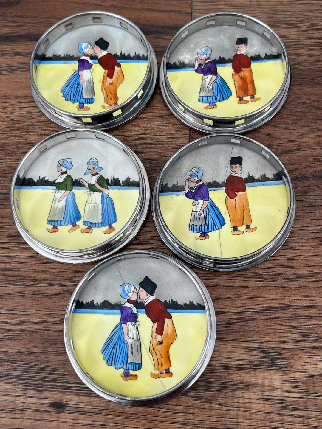 Vintage Porcelain Coasters With Metal Rims Set of 5 Hand-painted Early ...