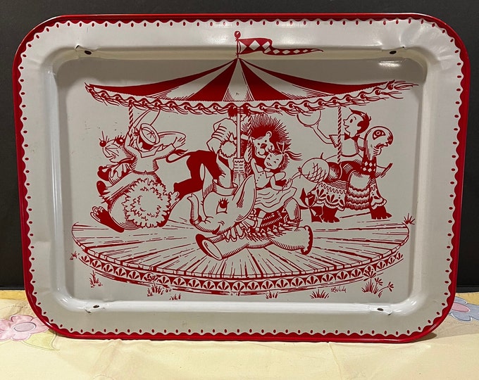 Vintage Lavada Metal Circus 1950s T.V. Tray Red White Lap Fold up Tray ...