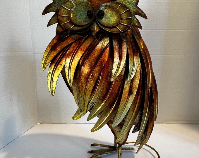 Vintage Weathered Metal Garden Owl Sculpture | Rustic Outdoor Decor ...