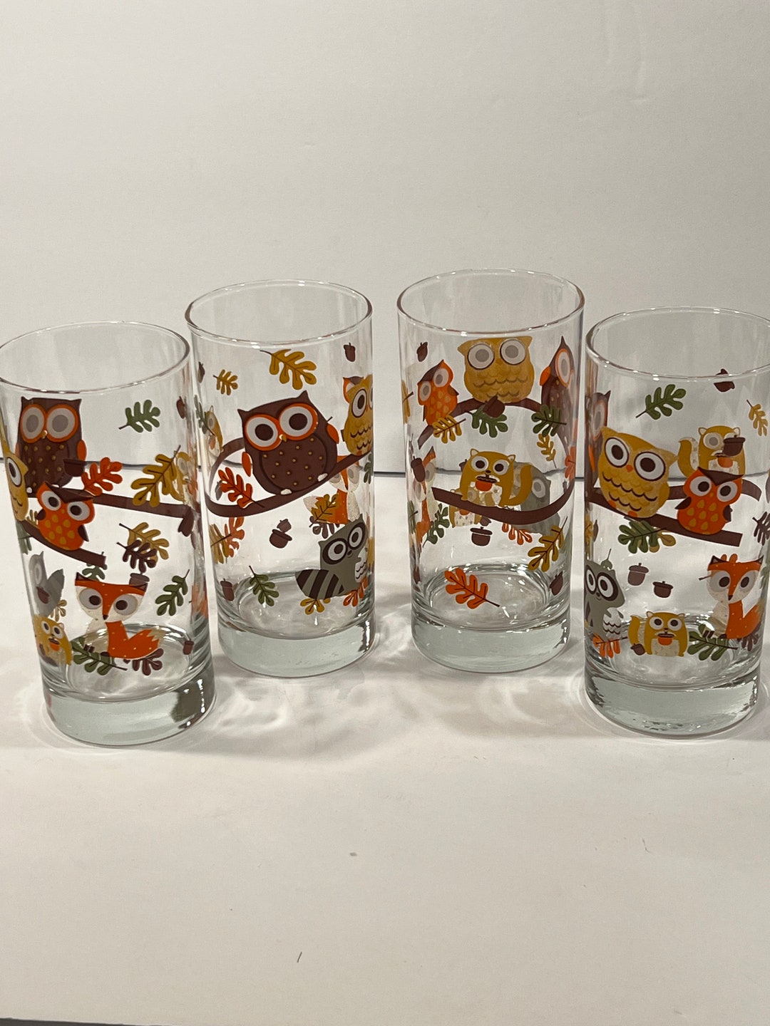 Set of 4 Vintage Libbey Crisa Hoot Owl and Fox 16oz Glasses Raccoon ...