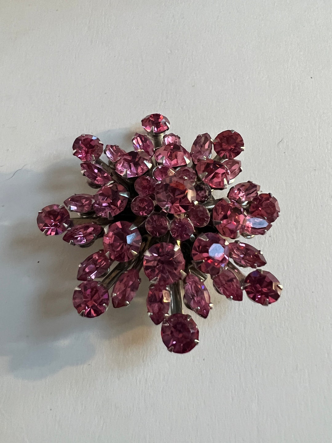 Vintage Pink Coro Round Layered Flower Rhinestone Brooch Pin Prong Set ...