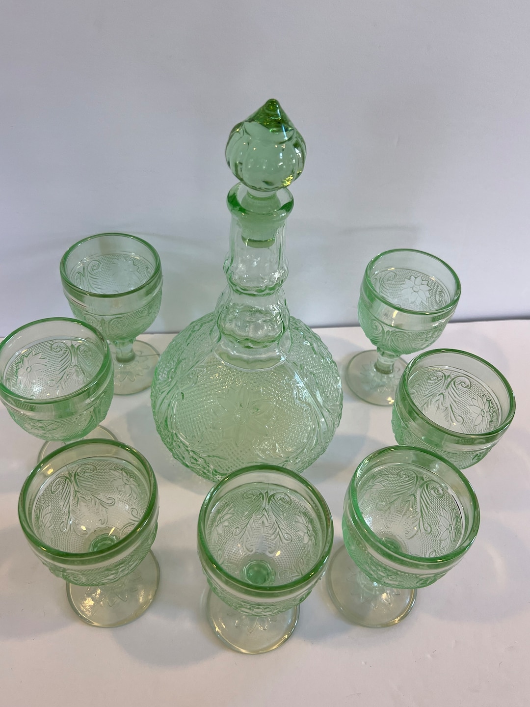 Vintage Indiana Tiara Glass Decanter Set – Light Green Genie Bottle ...