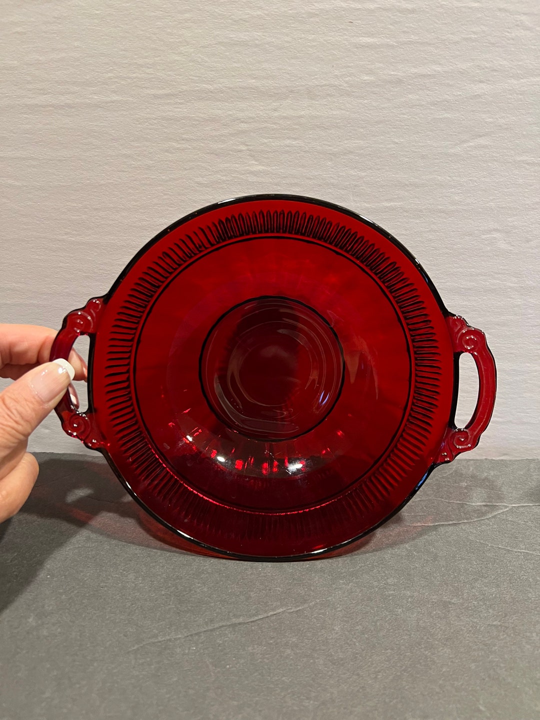 Vintage Ruby Red Glass Serving Plate, 8" Anchor Hocking Handled Dish ...