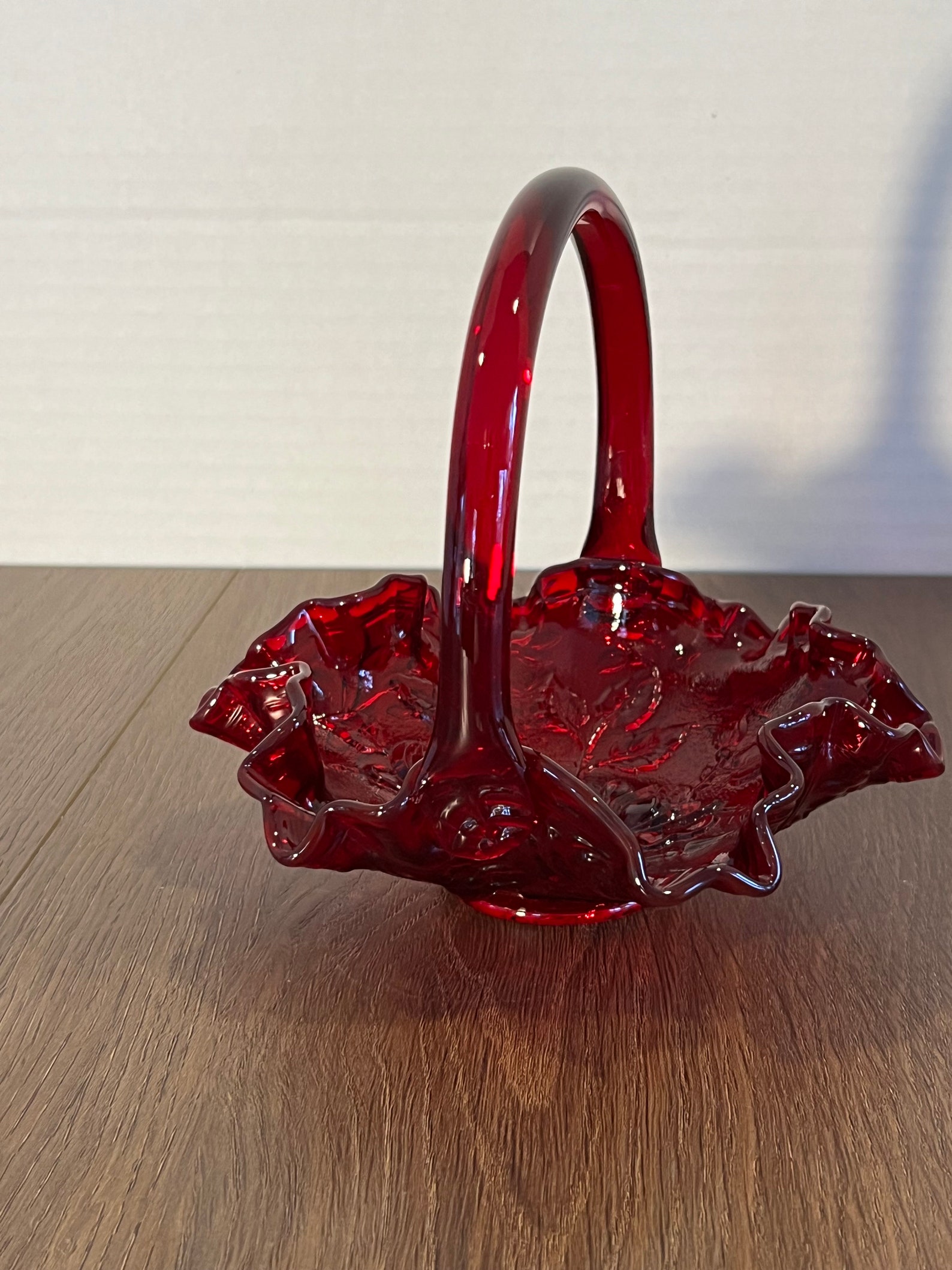 Vintage 1997 Fenton Ruby Red Art Glass Basket With Ruffle Rim & Rose ...