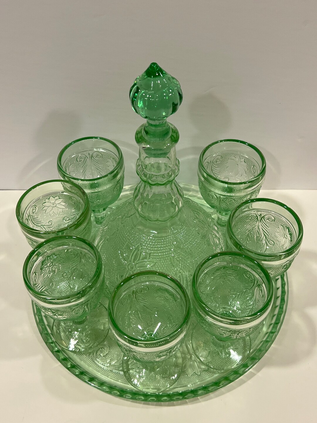 Vintage Green Decanter and Glass Set Sandwich Indiana Tiara Glass ...