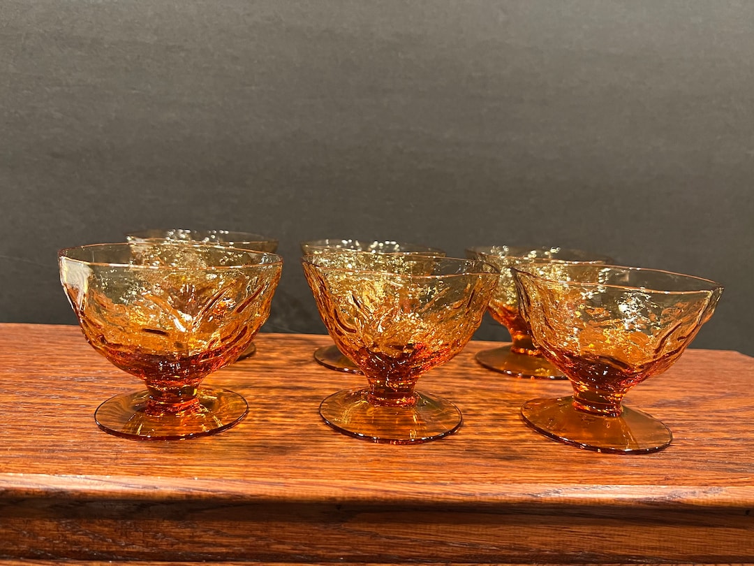 6 Seneca Driftwood Footed Sherbet Cups Amber Crinkle Glass Champagne ...