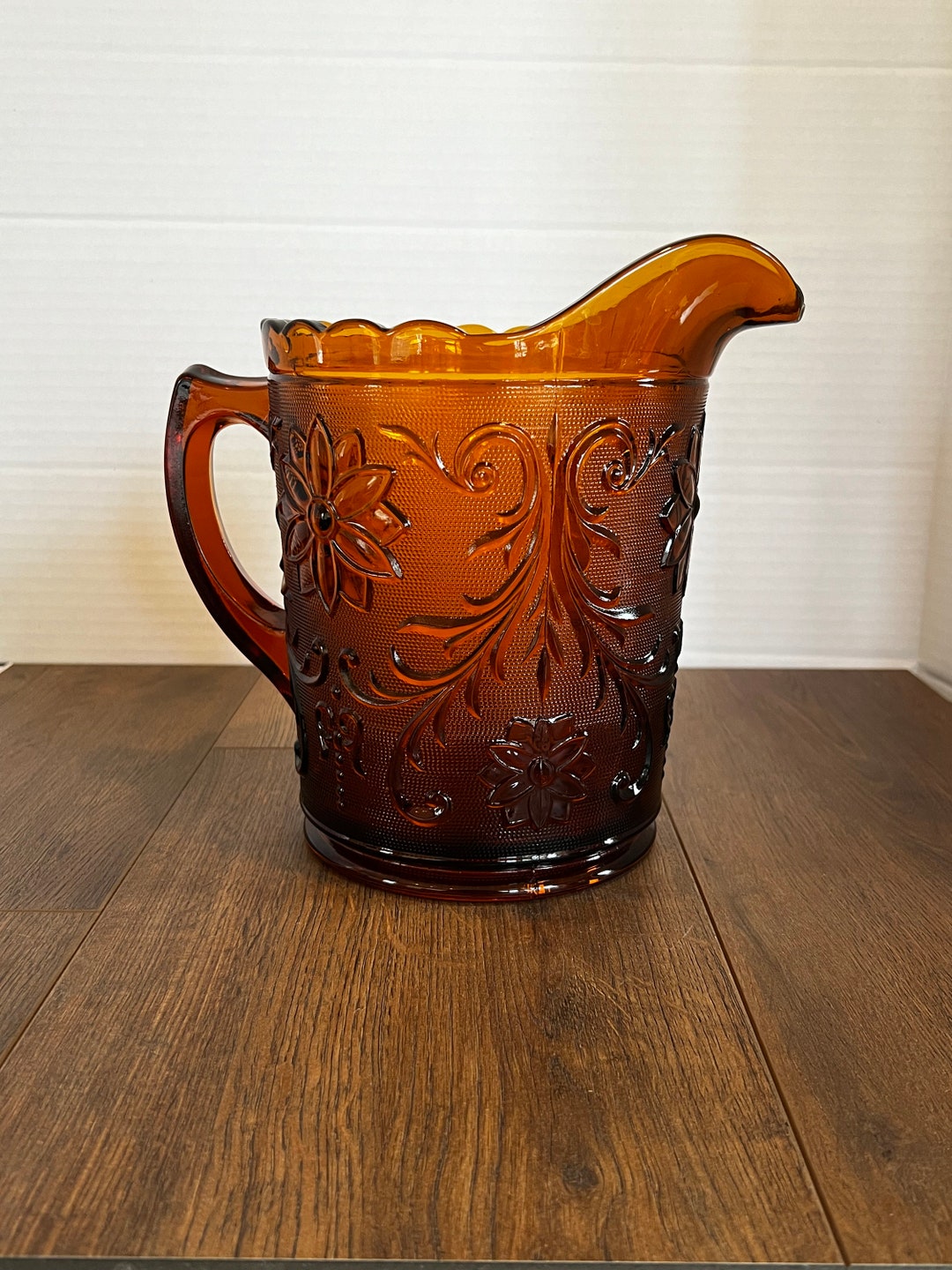 Vintage Pitcher Tiara Indiana Sandwich Amber Glass Sunflower Design ...