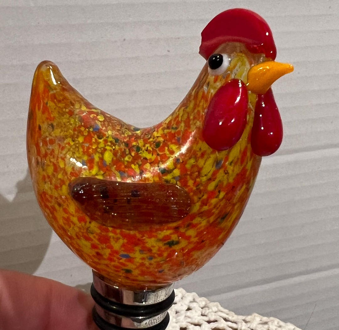 Vintage Hand Blown Rooster Art Glass Wine Stopper Orange Vibrant Design ...