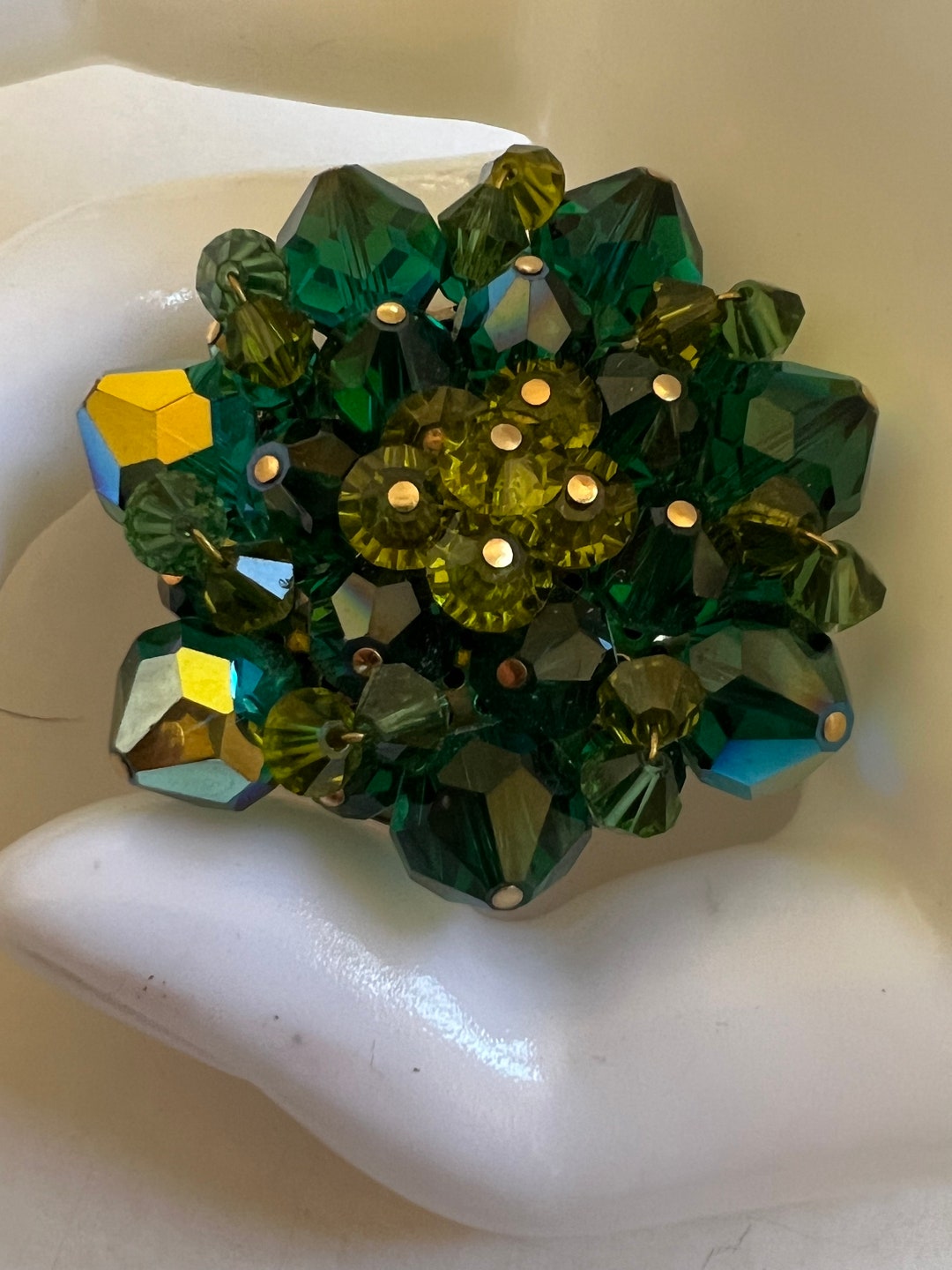 Vintage Green Watermelon Aurora Borealis Swarovski Beaded Round Brooch ...