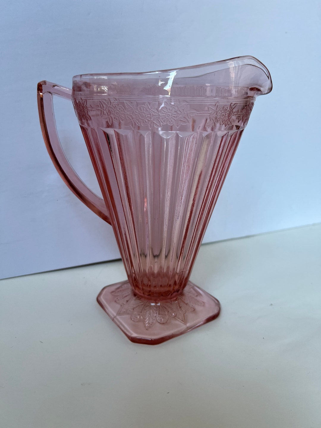 Vintage Pink Depression Glass Pitcher | Jeannette Adam Patterned Floral ...