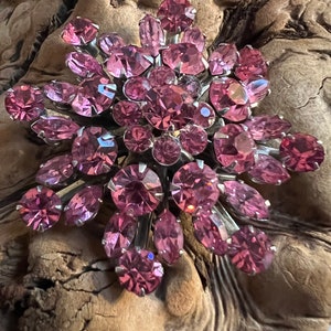 Vintage Pink Coro Round Layered Flower Rhinestone Brooch Pin Prong Set ...