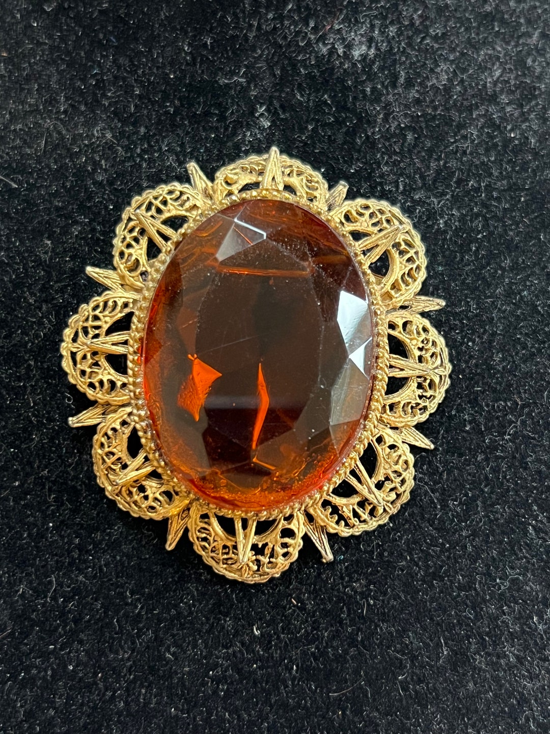 Vintage Bright Rhinestone Filigree Honey Root Beer Gold Brooch, Large ...