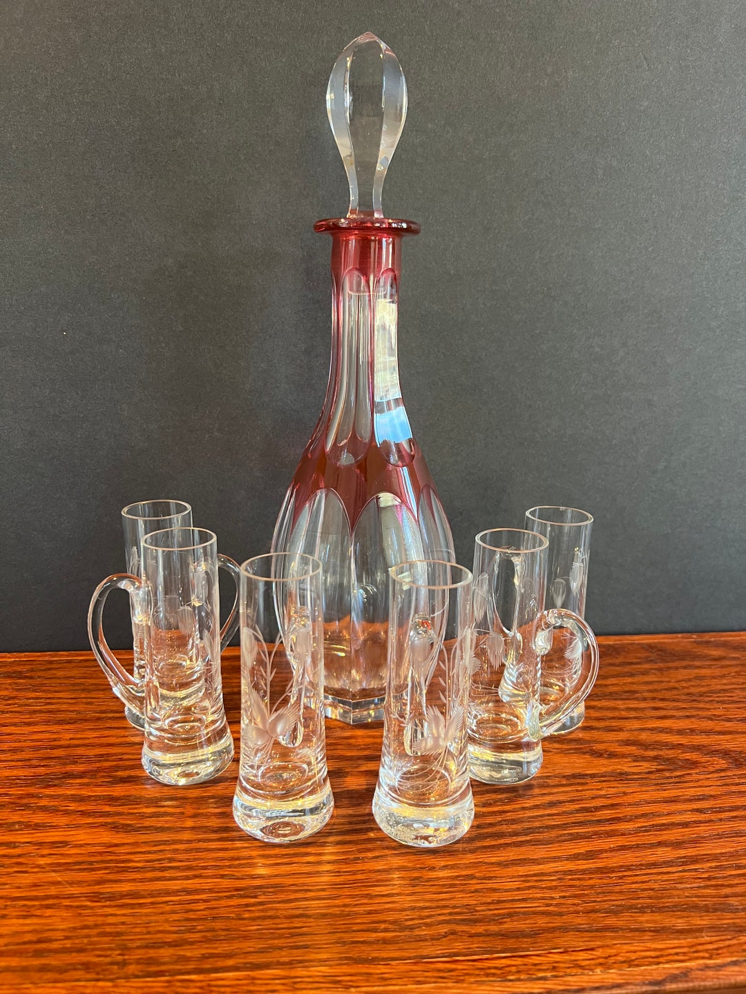 Vintage Cut Crystal Red Decanter Set - 6 Etched Floral Aperitif Cordial ...
