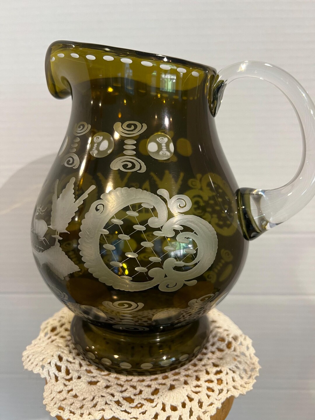 Vintage Moser Green Glass Pitcher – Bohemian Art Deco Design, Olive ...