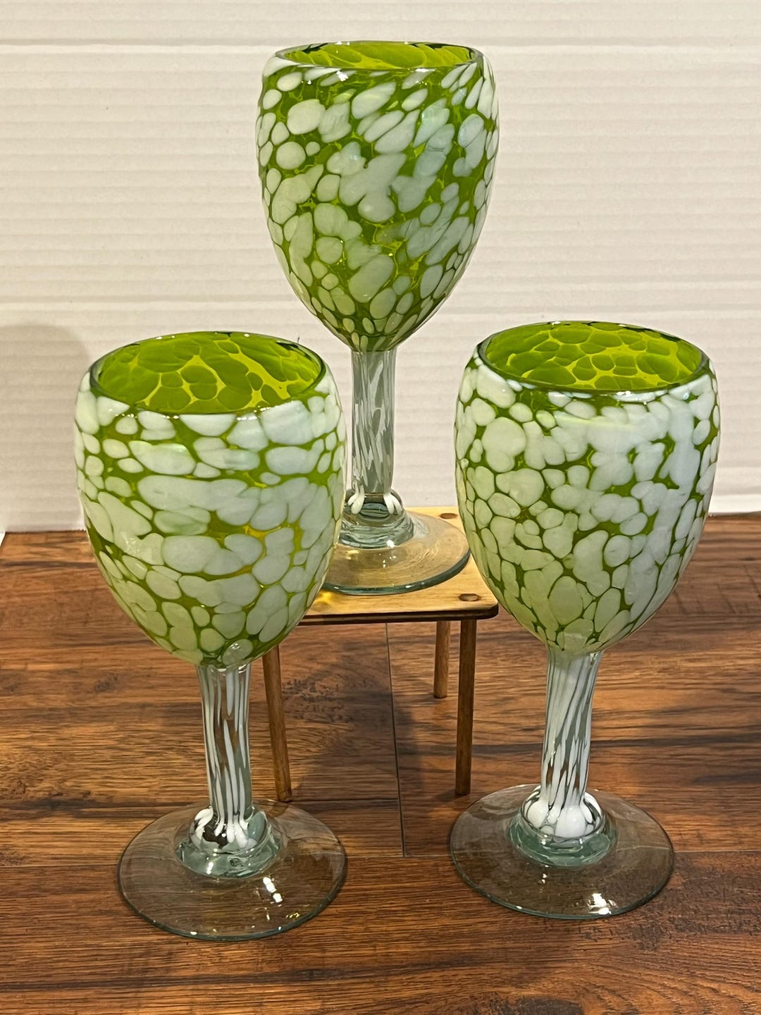 Handmade Mexican Wine Goblets Set of 3 Vintage Green & White Speckled ...