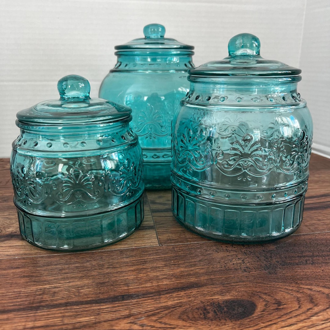 Vintage Pioneer Woman Teal Glass Canister Set 3 Cassie Teal Jars W ...