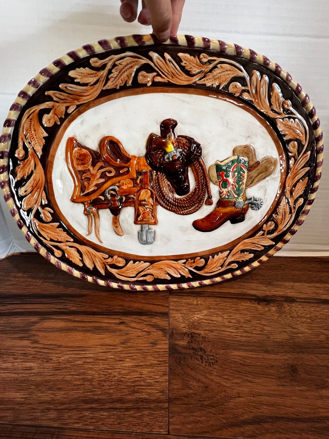 Rustic Western Rodeo Serving Tray, Vintage Ceramic Oval Platter W ...