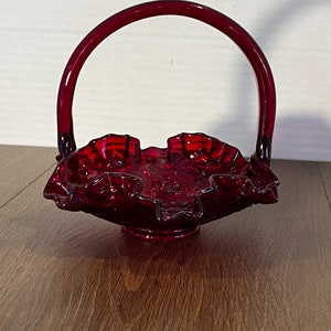 Vintage 1997 Fenton Ruby Red Art Glass Basket With Ruffle Rim & Rose ...