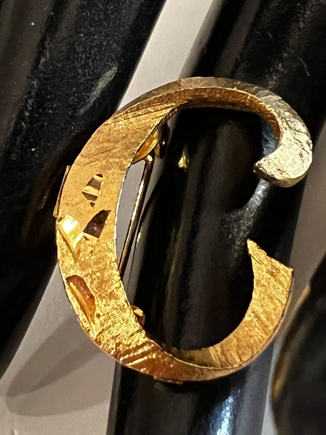 Vintage C Monogram Brooch, Gold Tone Textured Letter Pin for Sweater ...