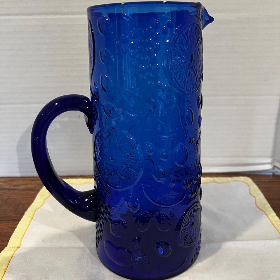 Vintage Cobalt Blue Pitcher With Embossed Fruit Design Orange/lemon ...