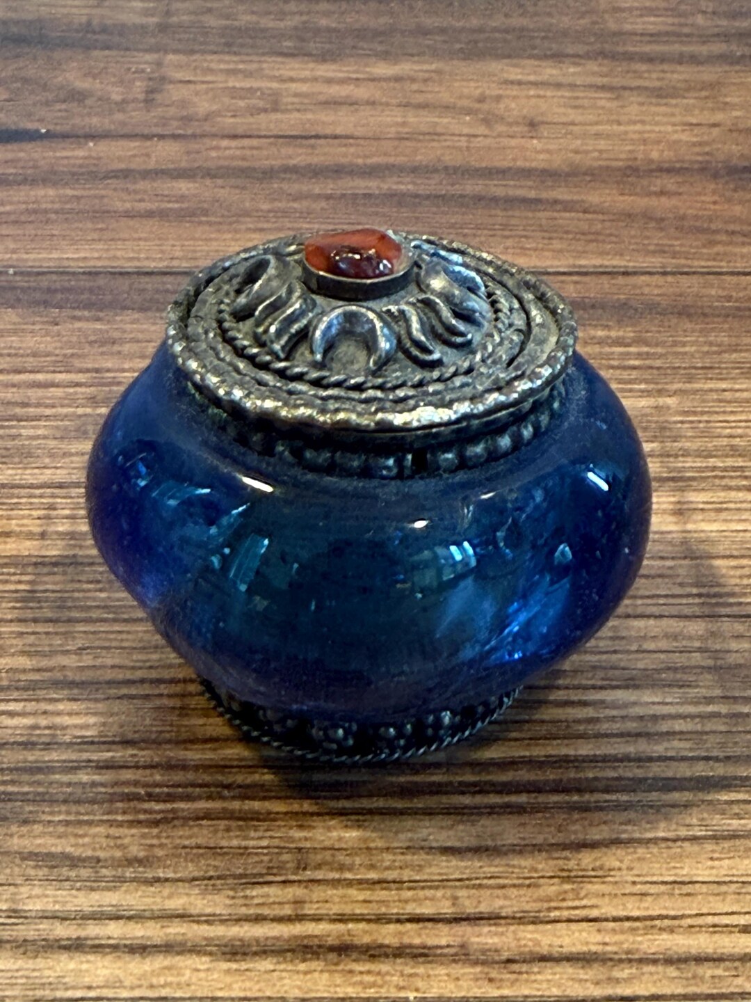Vintage Blue Glass Trinket Snuff Box With Ornate Silver Lid – Art Deco ...