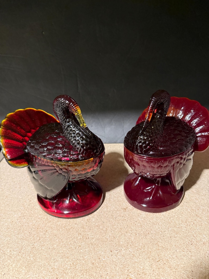L.E. Smith Ruby Red & Amberina Glass Turkey Covered Candy Dish Glows ...