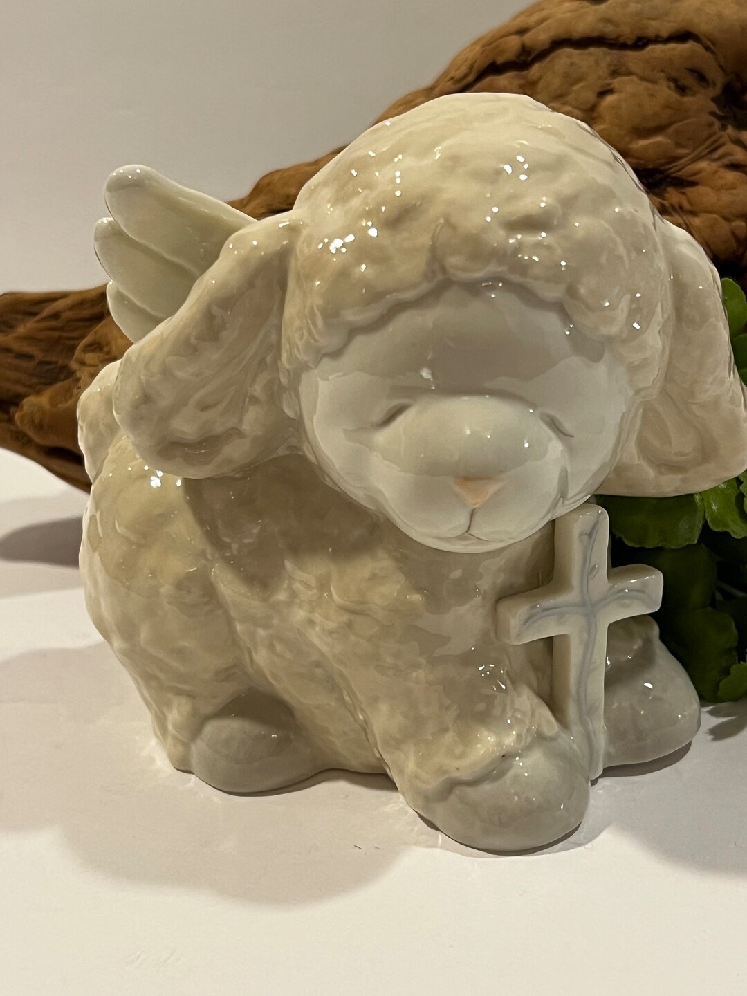 Vintage Russ Coin Bank Angel Sleeping Lamb Holding a Blue Cross Ceramic ...