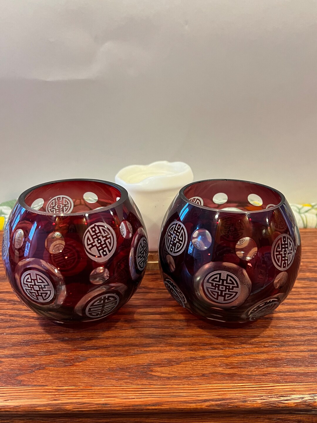 Red Candle Holder Cut to Clear Glass Set of 2 Vase Chinese Symbols - Etsy