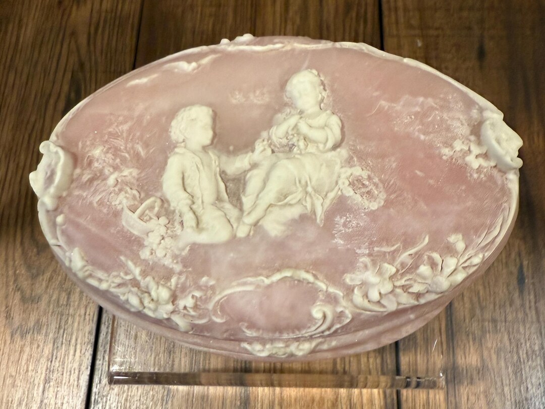 Vintage Pink Incolay Stone Jewelry Box – Raised Cherub Cameo Design ...