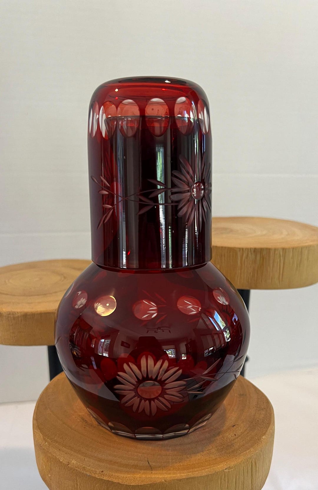 Vintage Czech Ruby Red Cut Glass Bedside Carafe Set | Bohemian Crystal ...