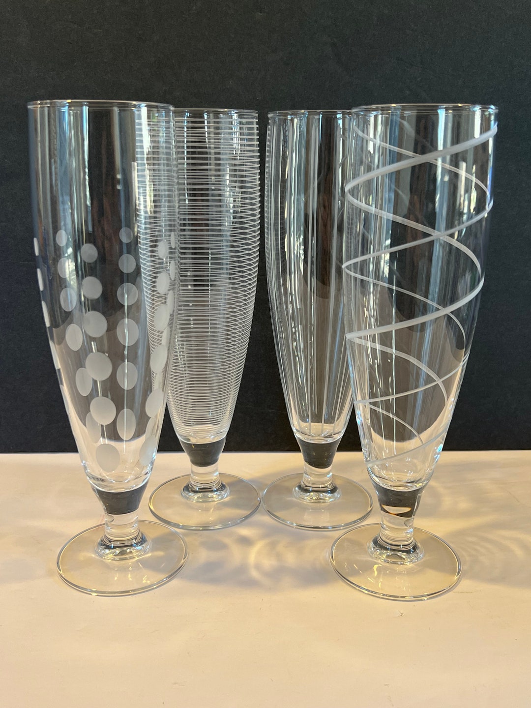 4 Retro ARC France MCM Pilsner Crystal Glasses Etched Vintage Design ...