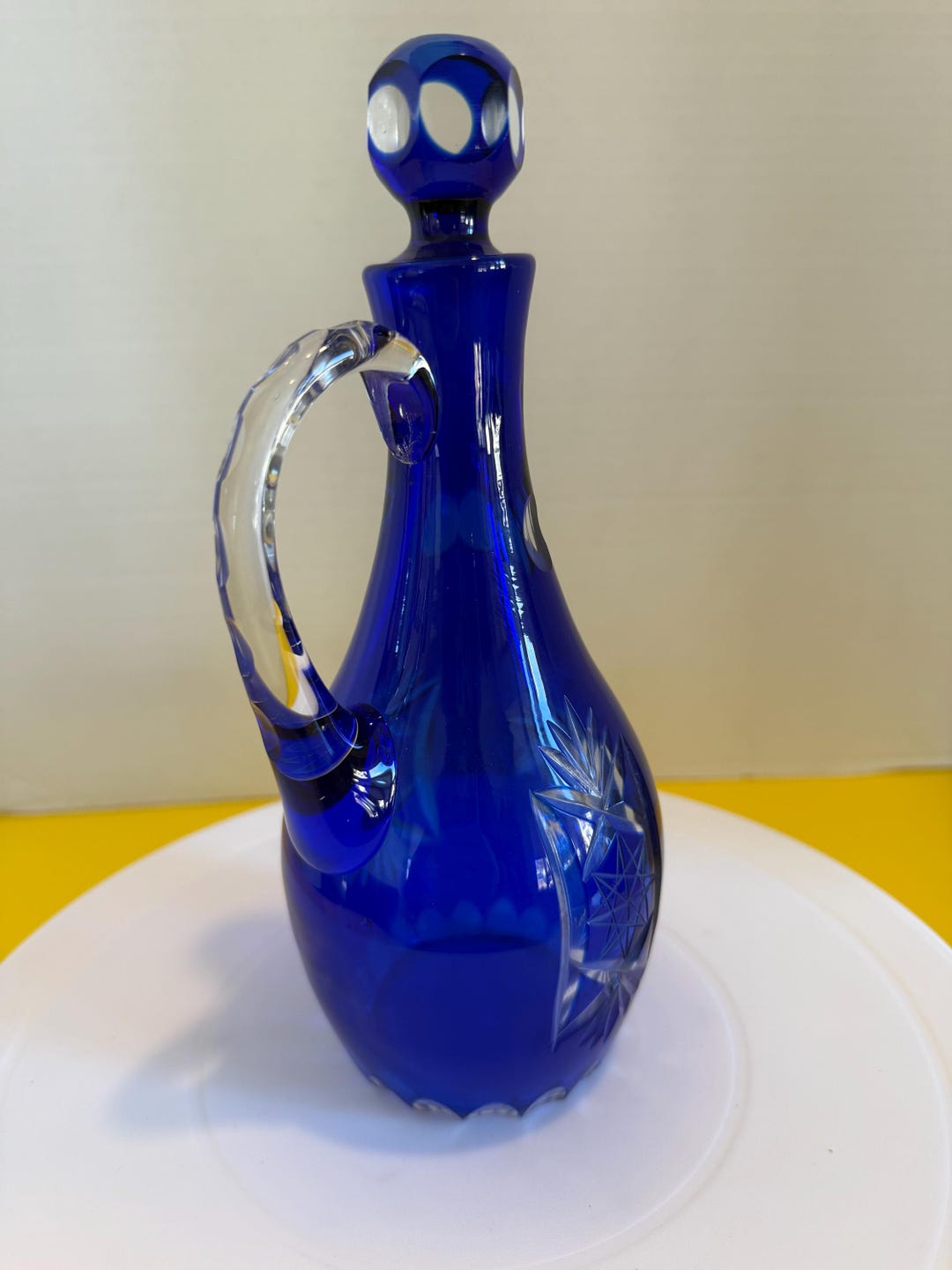 Vintage Cobalt Blue Bohemian Cut Glass Decanter 9", Hand-cut Starburst ...