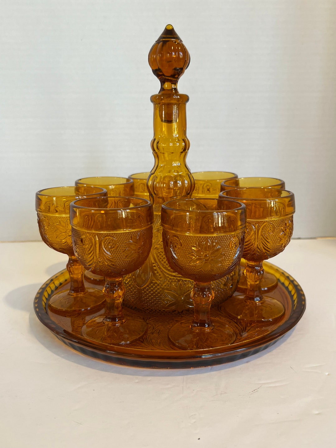 Vintage Amber Decanter & Glass Set Tiara Sandwich Sunflower Pattern ...